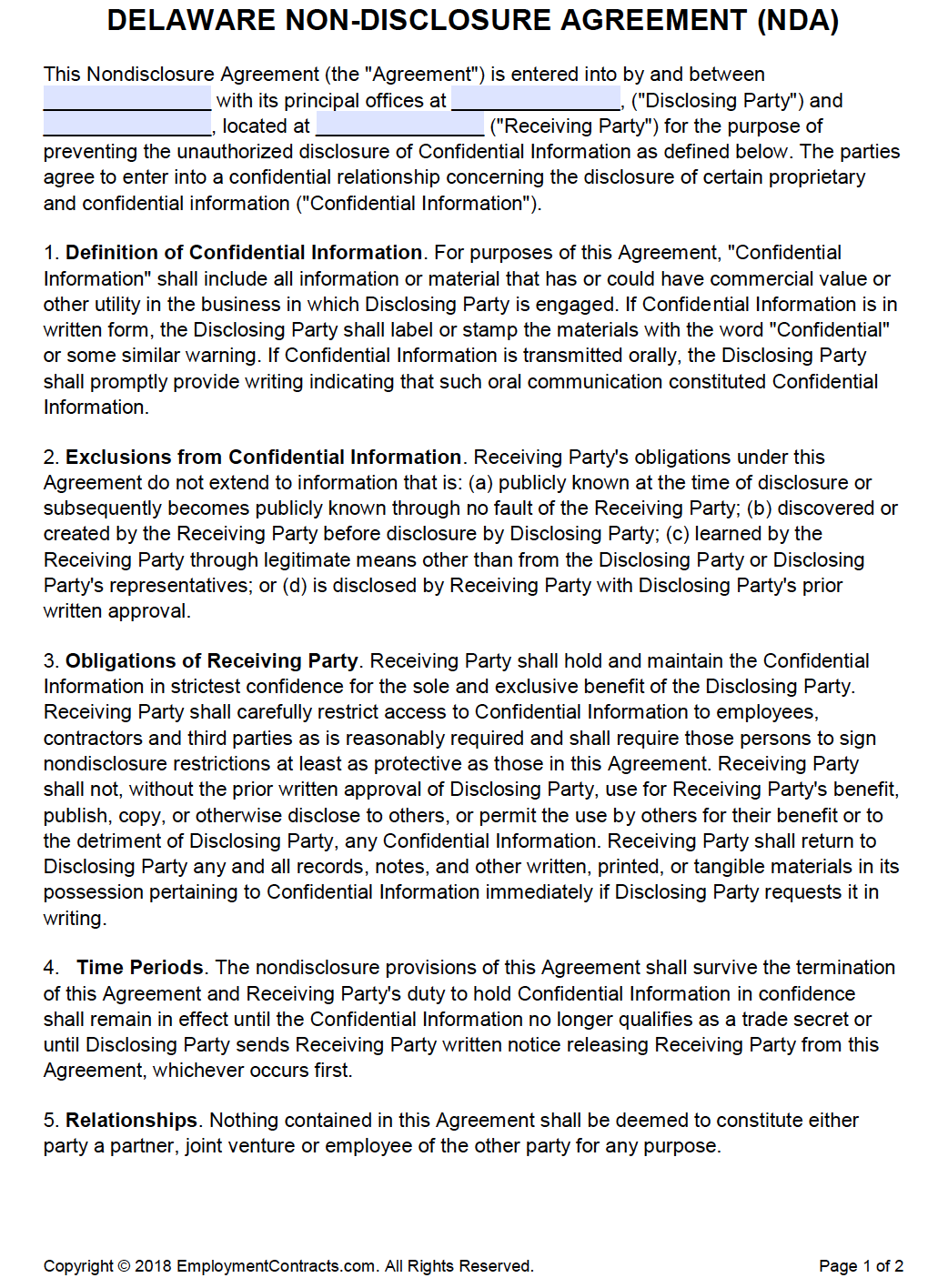 Delaware Non-Disclosure Agreement (NDA) | PDF | Word