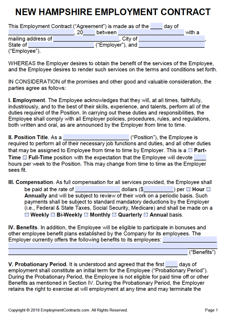 New Hampshire Employment Contract Template | PDF | Word