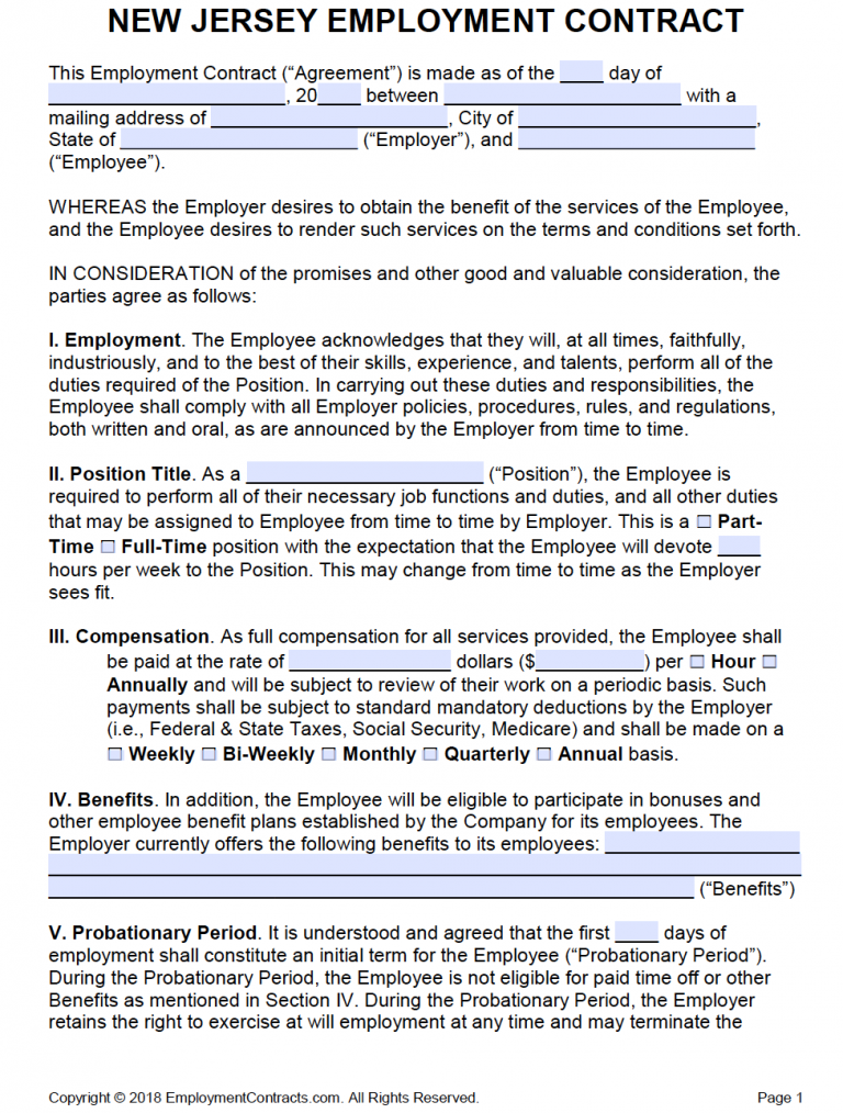 New Jersey Employment Contract Template | PDF | Word