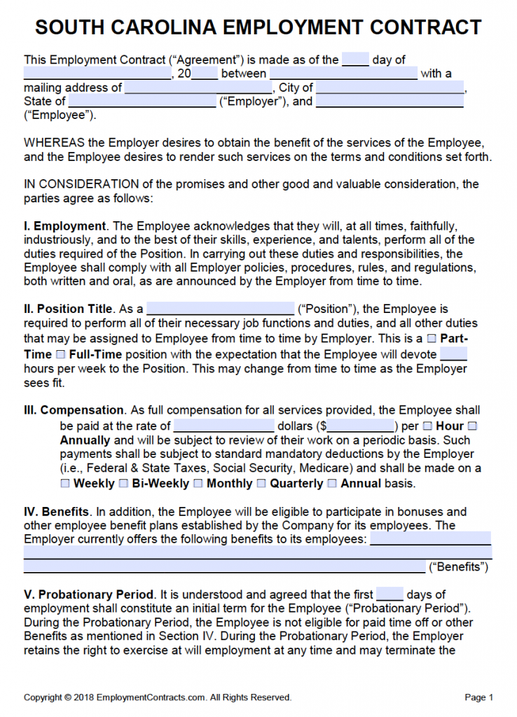 South Carolina Employment Contract Template | PDF | Word