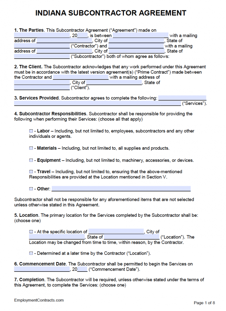 Indiana Subcontractor Agreement Template PDF Word
