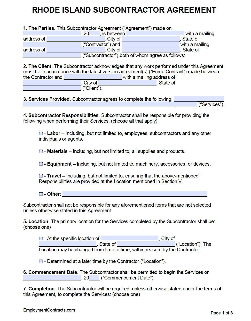 Rhode Island Subcontractor Agreement Template | PDF | Word