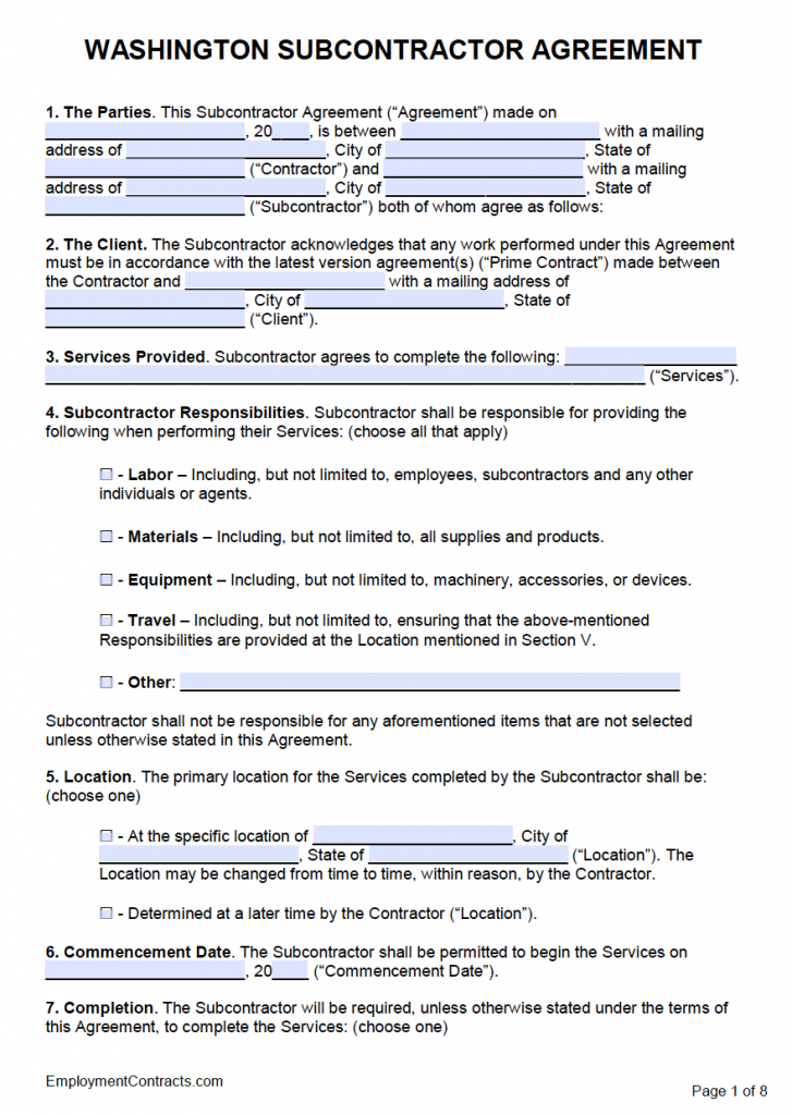 Washington Subcontractor Agreement Template | PDF | Word