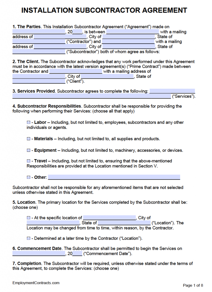 Installation Subcontractor Agreement | ALL TYPES | PDF | Word