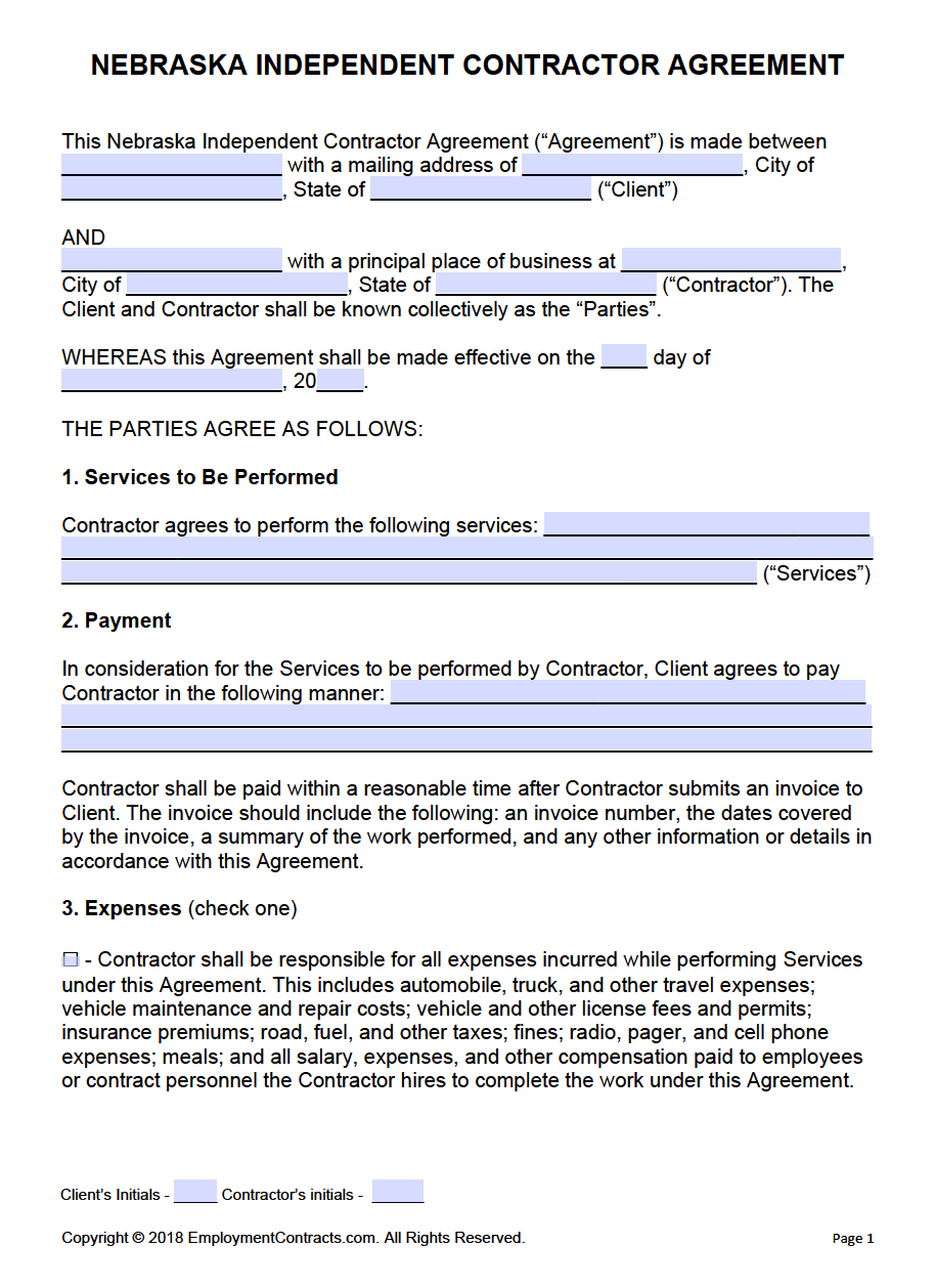 Nebraska Independent Contractor Agreement | PDF | Word