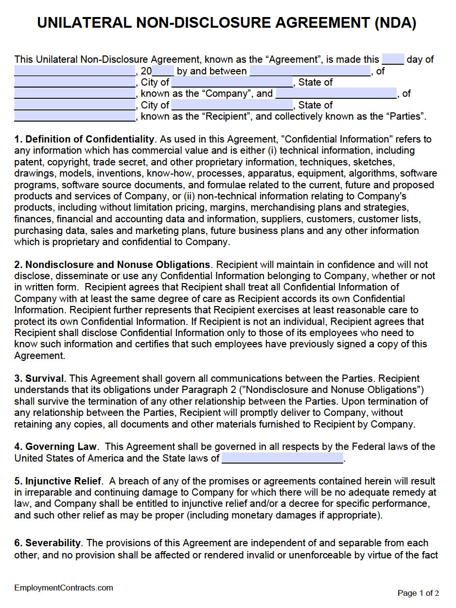 Unilateral Non-Disclosure Agreement | PDF | Word